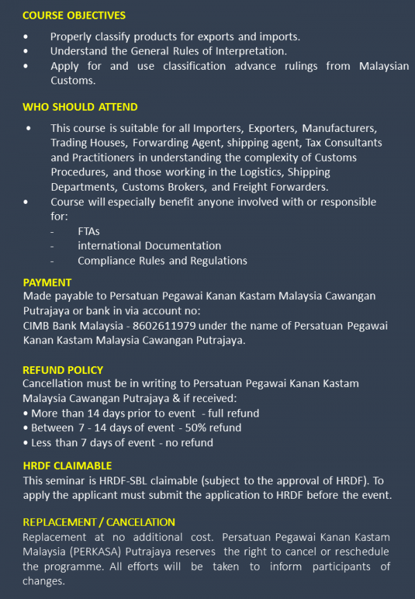 SEMINAR ON MALAYSIAN CUSTOMS CLASSIFICATION OF GOODS AND HARMONIZED ...